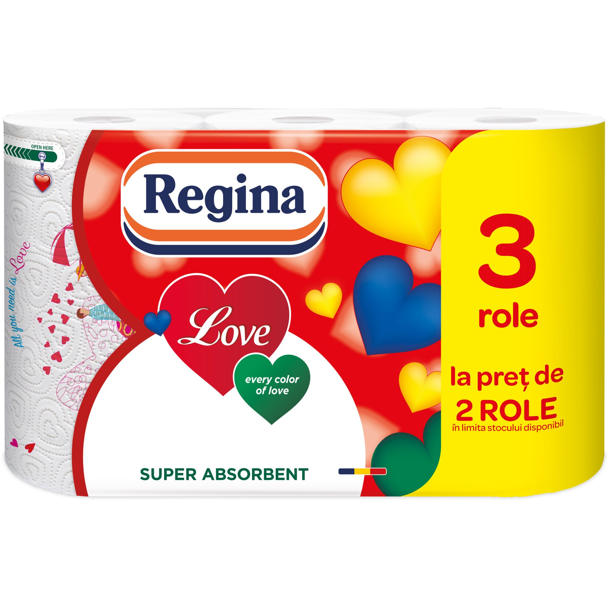 Prosop de bucatarie Regina Love - 3 straturi alb, decor 2+1 role - eMAG.ro