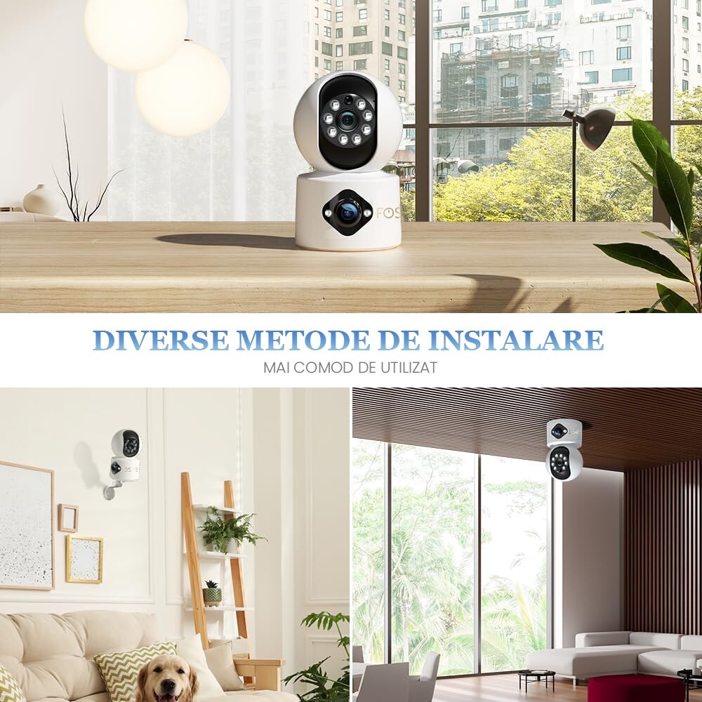 Camera de supraveghere cu lentila duala FOSMET® Camera Wifi de 2,4 GHz ...