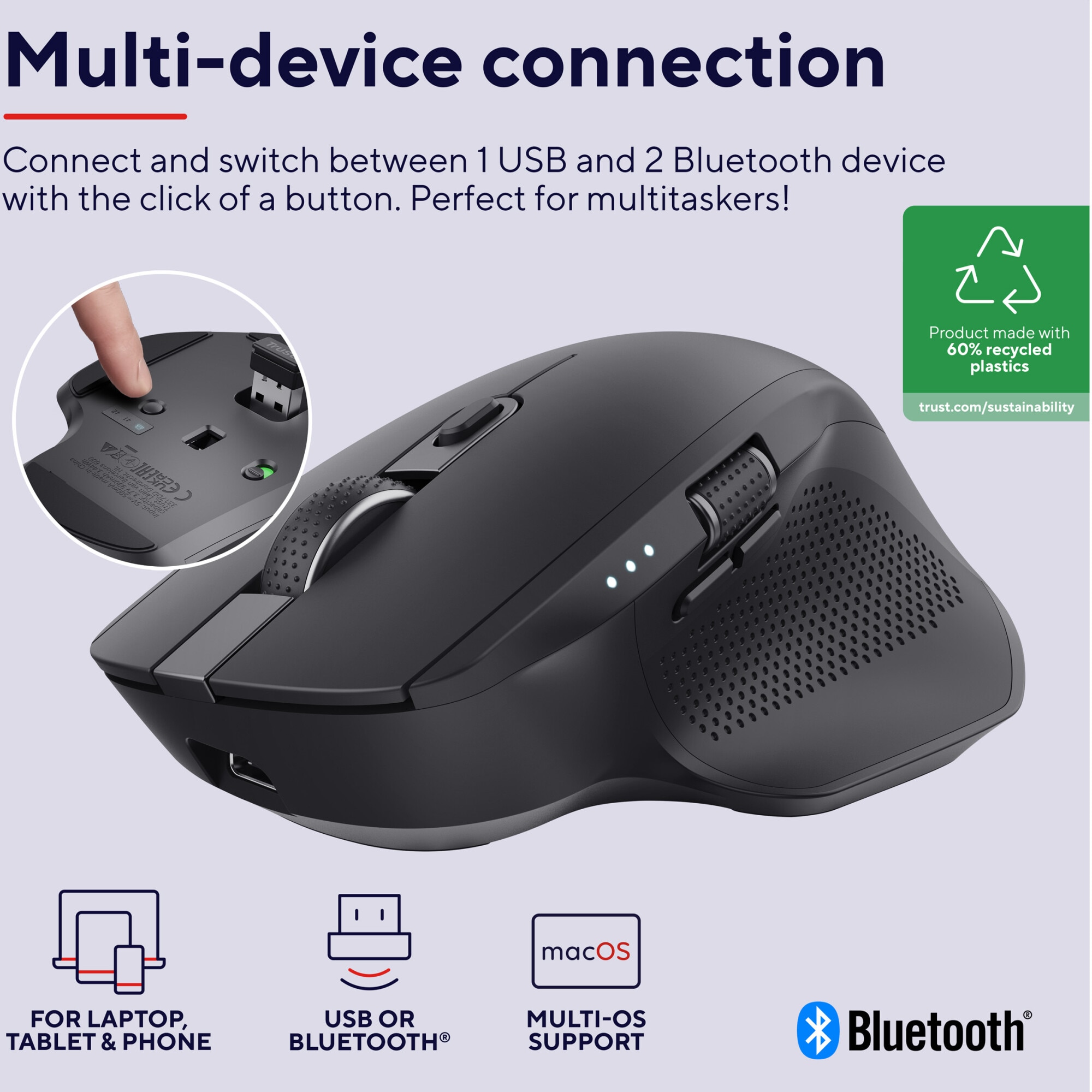 Mouse Wireless Trust OZAA+, Multi-Device, silentios, compact, Bluetooth ...