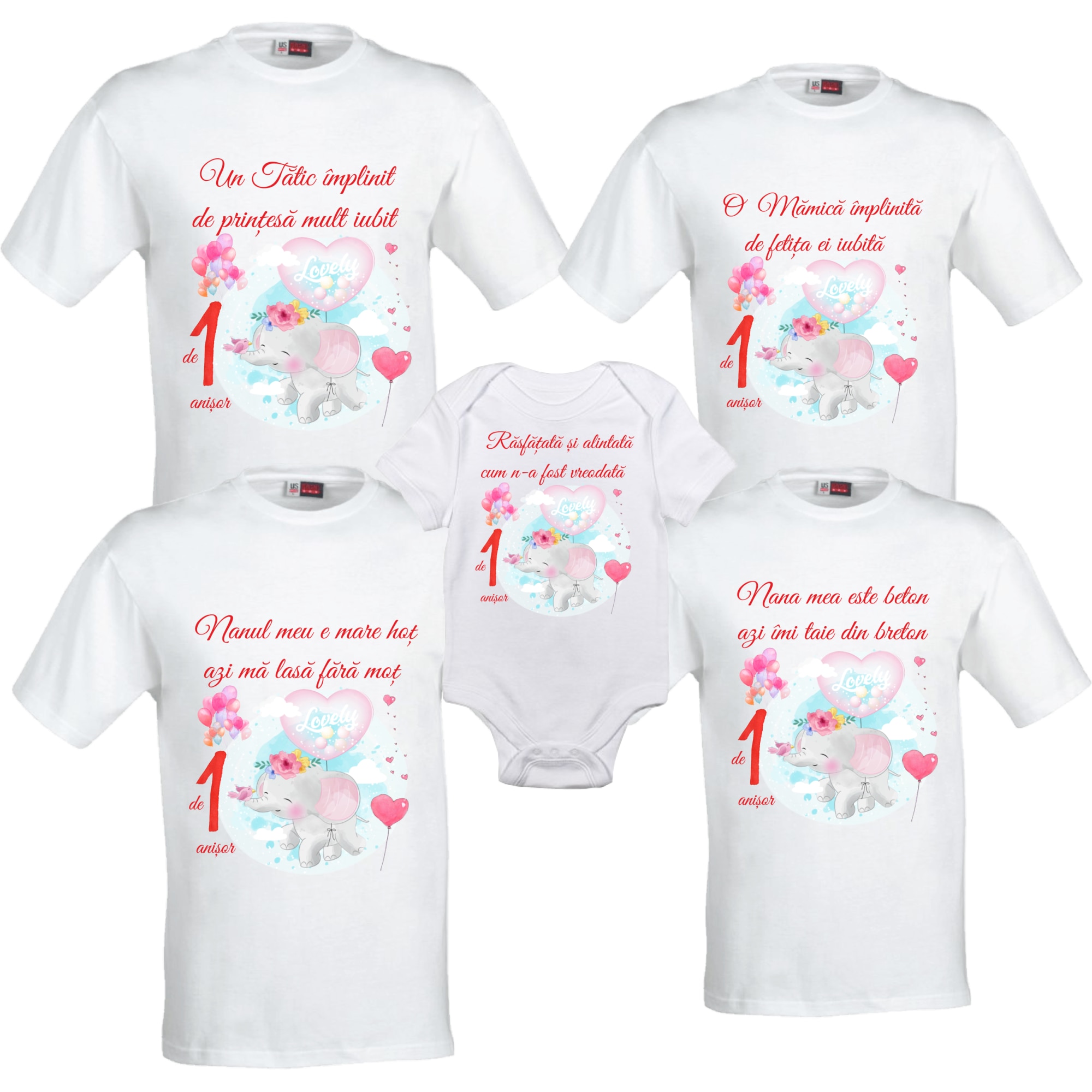 Set 4 tricouri si 1 body personalizate Aniversare 1 an, Taiere Mot ...