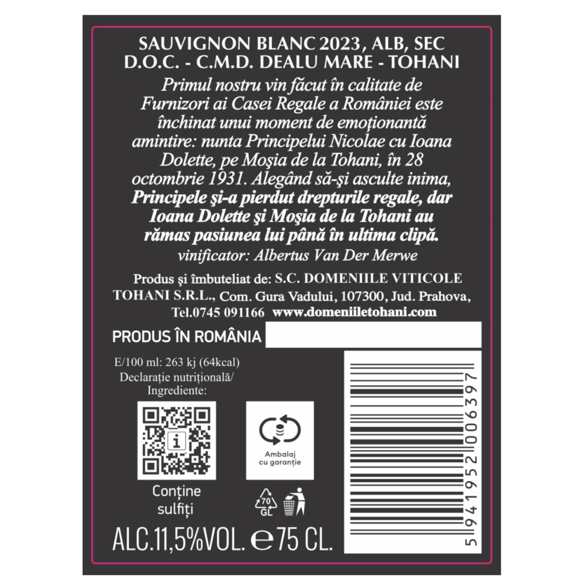Vin Alb Mosia de la Tohani Special Reserve, Sauvignon Blanc, Sec, 0.75l ...