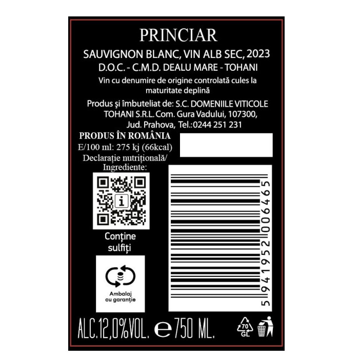 Vin Alb Tohani Princiar Special Reserve, Sauvignon Blanc, Sec, 0.75l ...