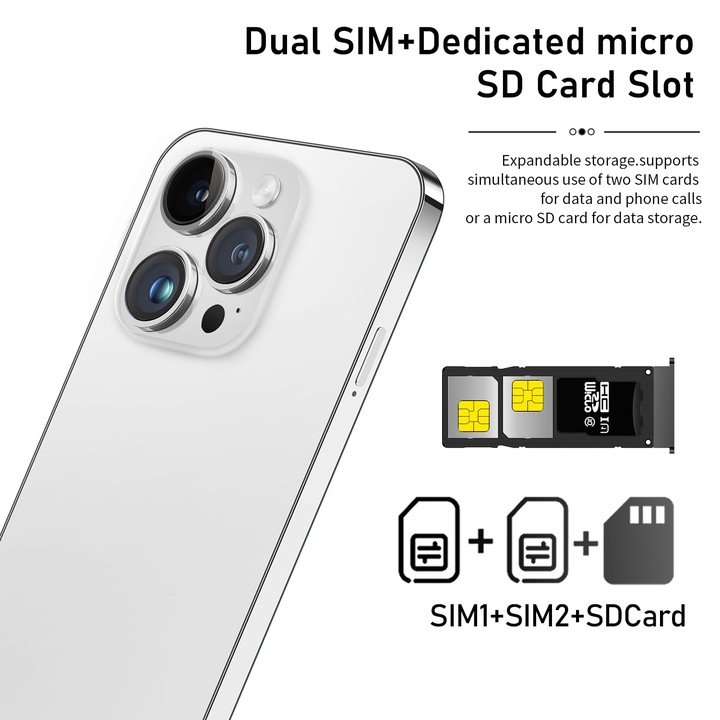 Telefon mobil I15 Promax alb, 5G, IPS 6.8", 12GB RAM, 512GB ROM ...