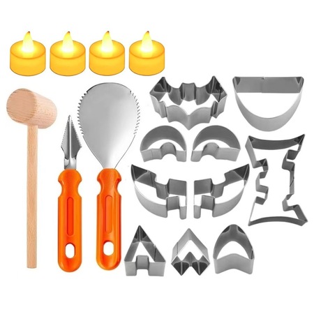 Set 17 unelte de sculptat dovleci, Cu sabloane si lumanari LED, otel ...