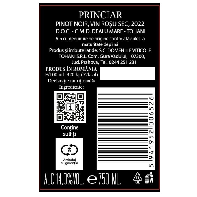 Vin Rosu Tohani Princiar Special Reserve, Pinot Noir, Sec, 0.75l - eMAG.ro