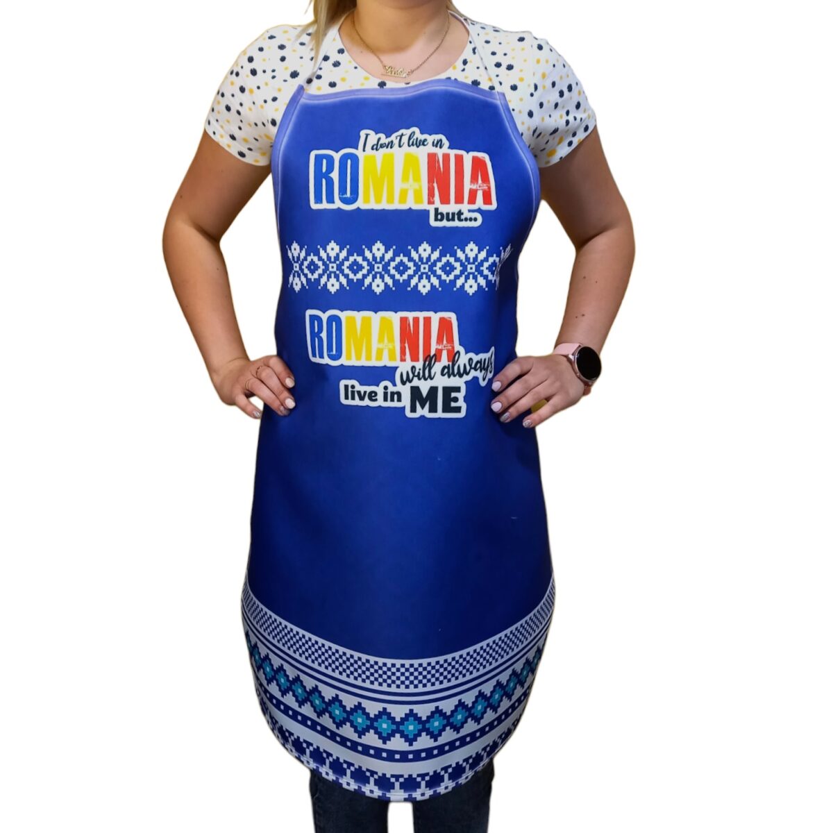 Sort bucatarie suvenir personalizat cu textul, I don`t live in Romania ...
