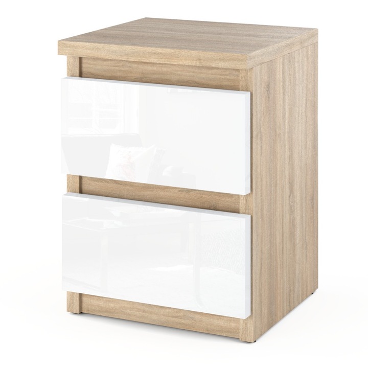 Noptiera cu 2 sertare, Masuta De Noapte 30x30x40cm, Stejar Sonoma Alb ...