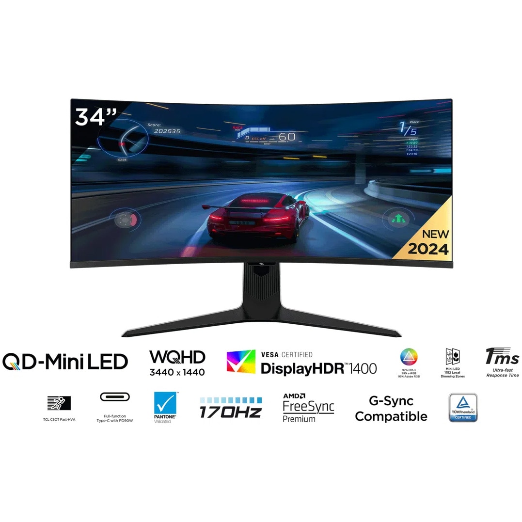 Monitor Gaming Curbat QD-Mini LED TCL 34R83Q, 34", UWQHD (3440x1440 ...