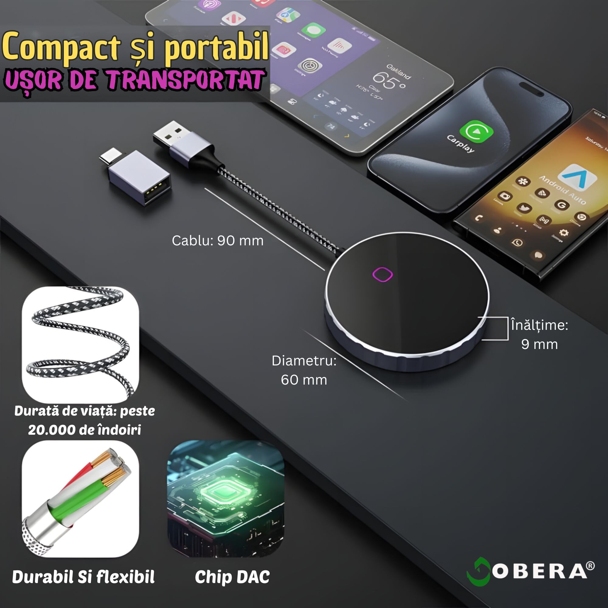 Adaptor Auto Wireless 2 in 1 goBERA®, Compatibil IOS 10+ si Android 11 ...