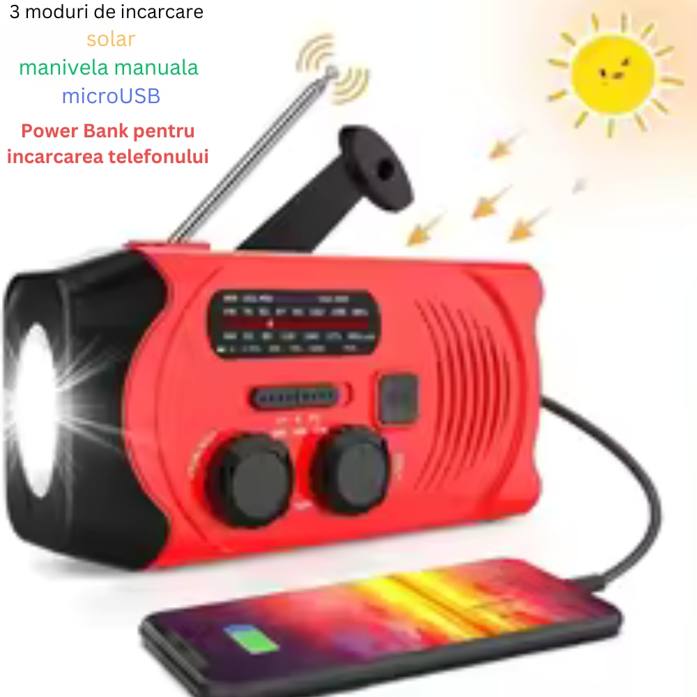 Kit lanterna radio generator curent, incarcare solara, USB cu dinam cu ...