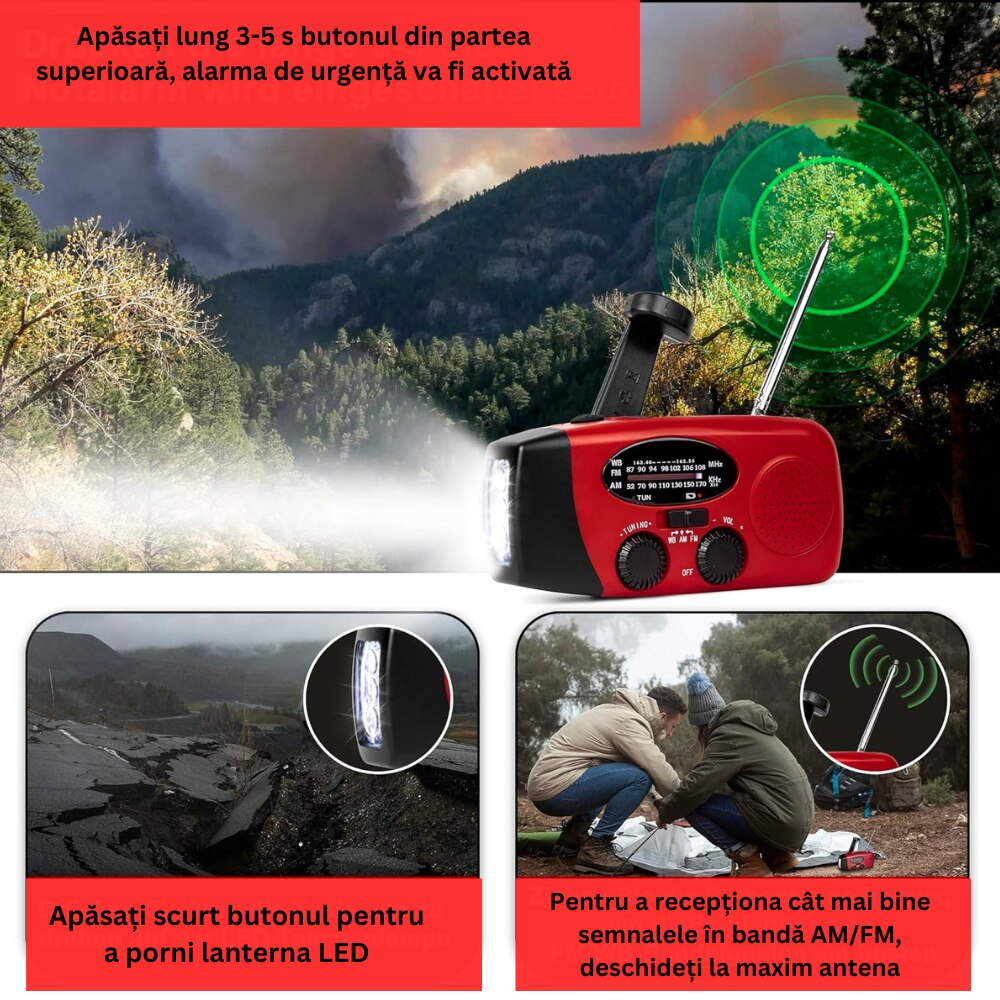 Kit lanterna radio generator curent, incarcare solara, USB cu dinam cu ...