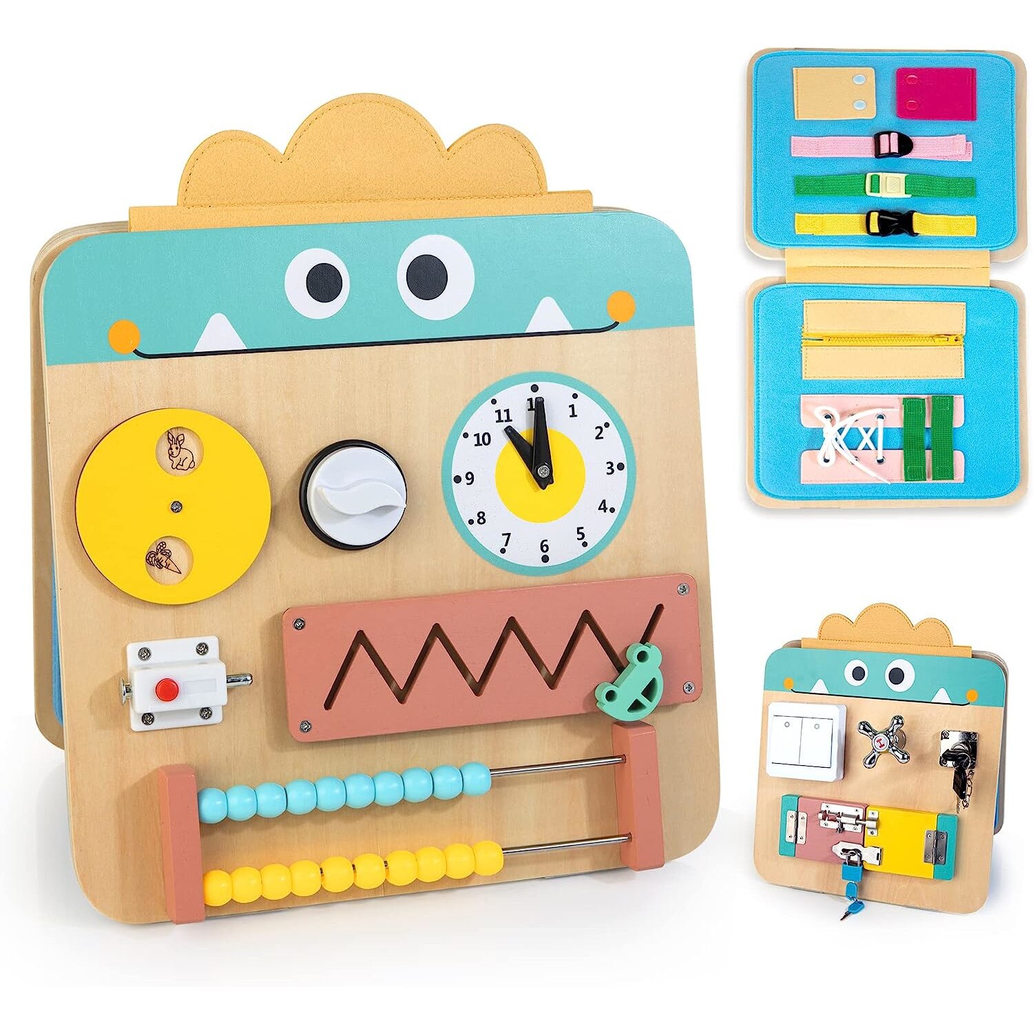 Placa lemn senzoriala, Busy Board activitati Montessori, tip carte, 17 ...