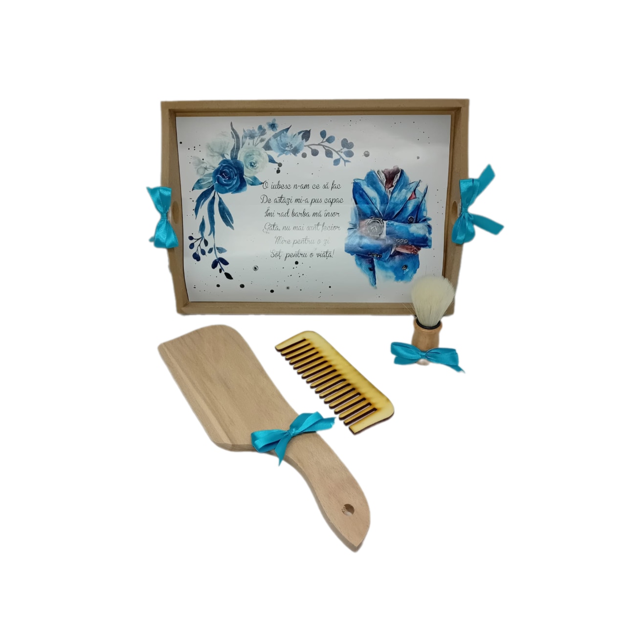 Set personalizat pentru mire, 4 piese tava, pamatuf, satar, pieptan ...