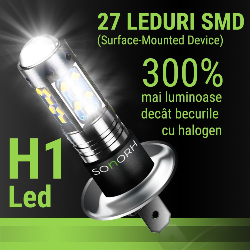 Set 2 Becuri LED H1, 27 SMD, Lupa Integrata, 60W, 6000K alb rece, Plug ...