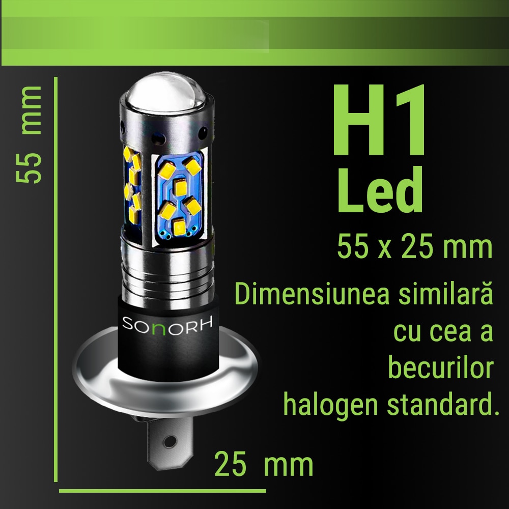 Комплект от 2 LED крушки H1, 27 SMD, вградена лупа, 60W, 6000K студено ...
