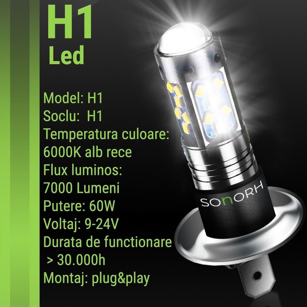 Комплект от 2 LED крушки H1, 27 SMD, вградена лупа, 60W, 6000K студено ...