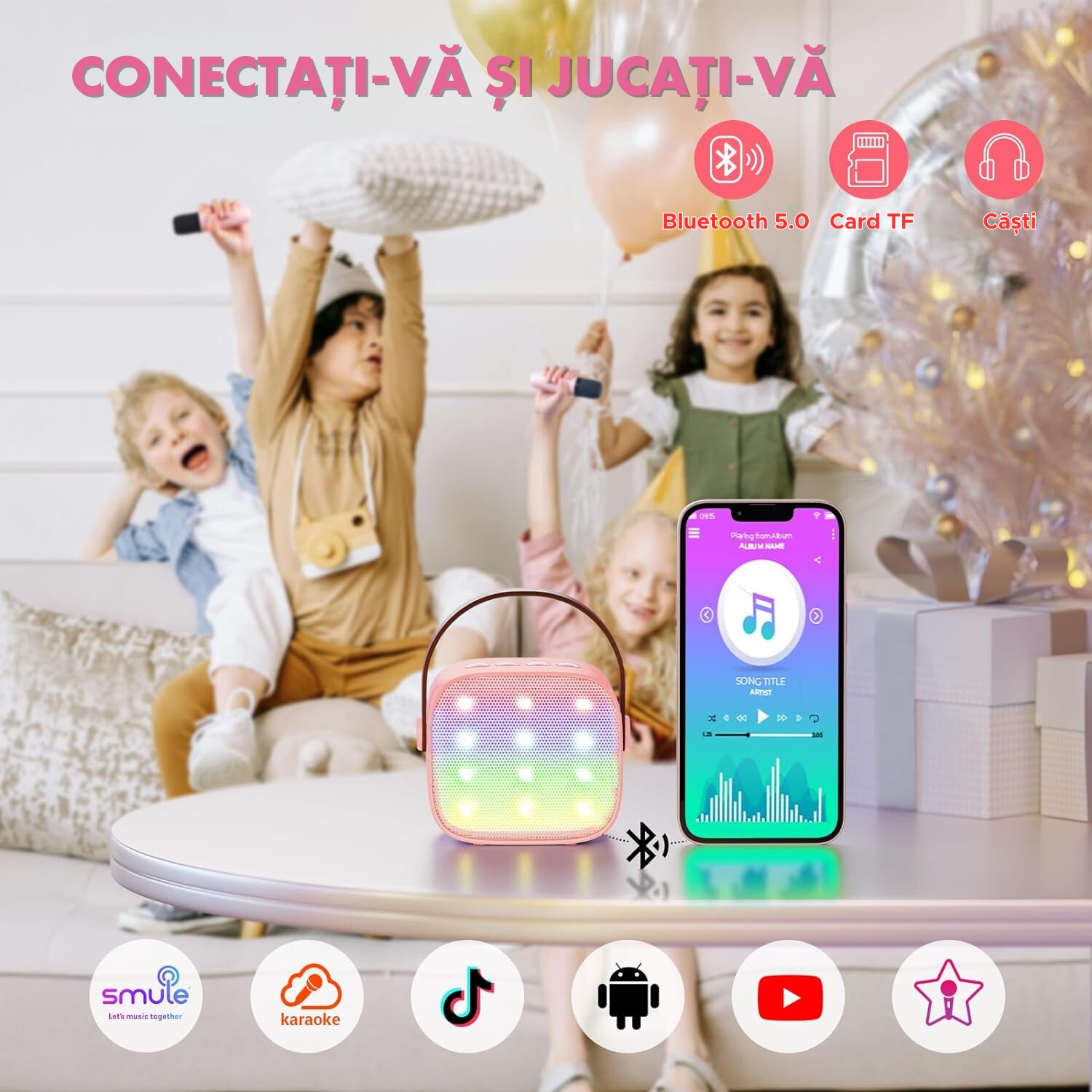 Set jucarie cu boxa portabila si 2 microfoane, Wireless, Bluetooth ...