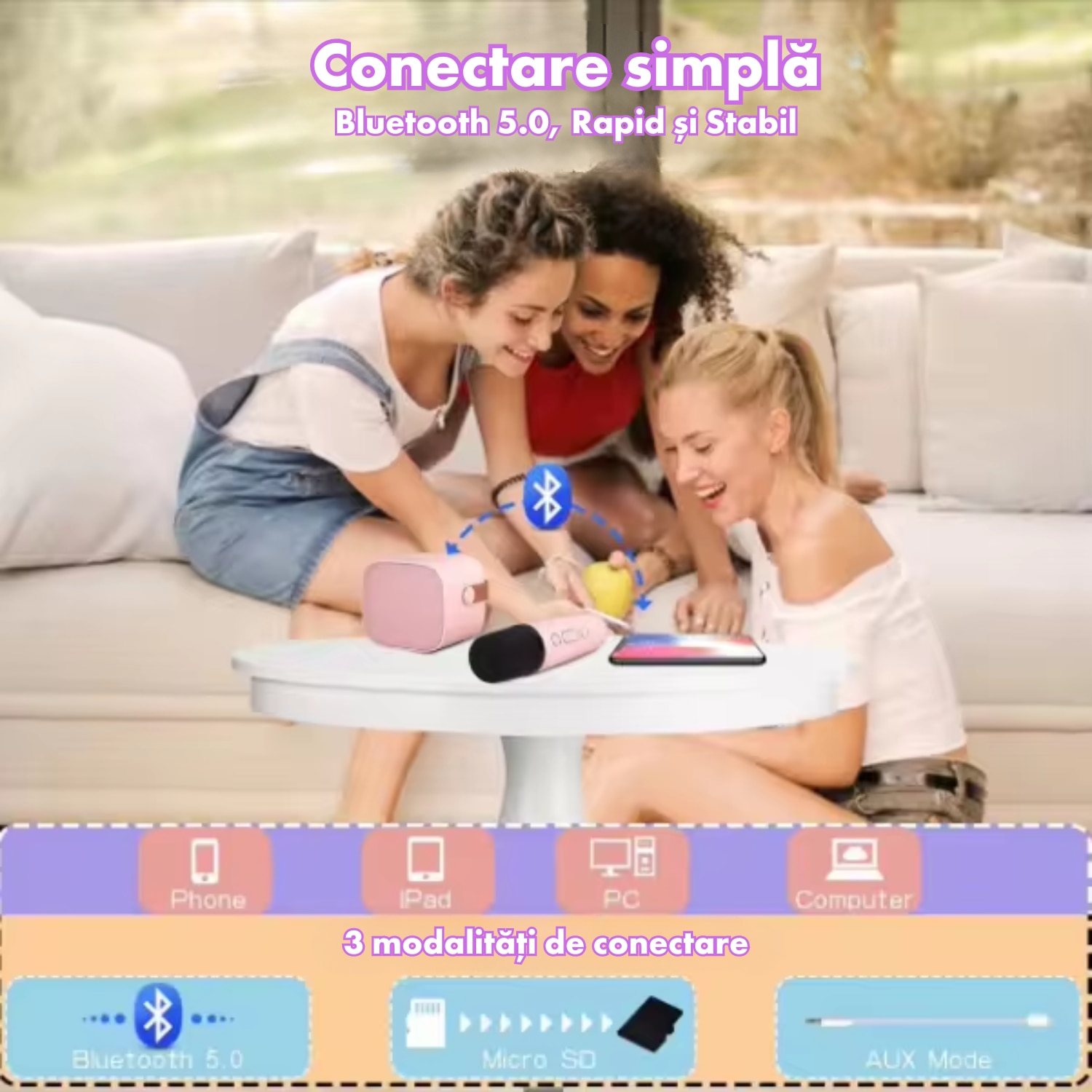 Set jucarie cu boxa portabila si 2 microfoane, Wireless, Bluetooth ...
