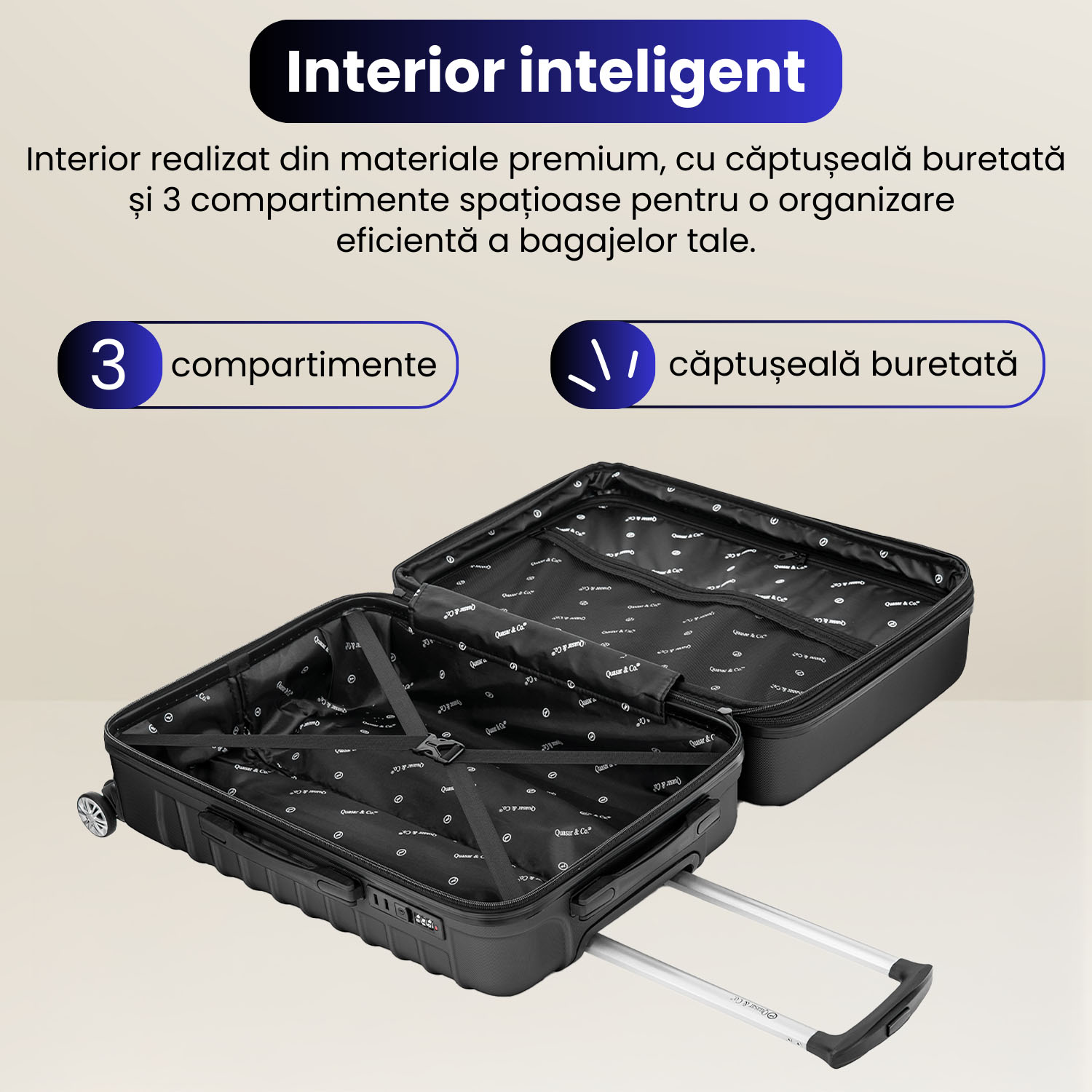 Troler mediu extensibil Quasar & Co.®, 66x41x26-31 cm, bagaj de cala ...