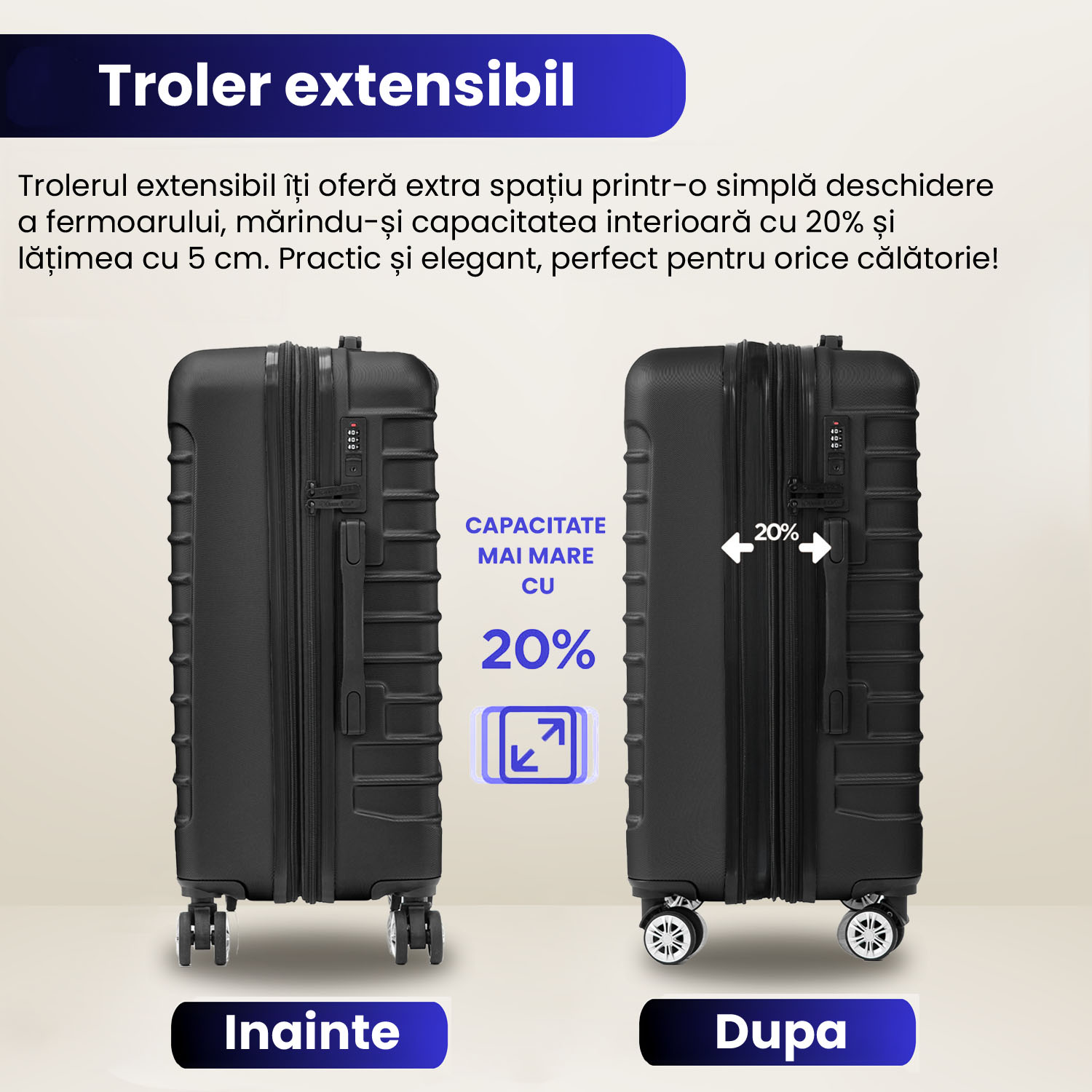 Troler mediu extensibil Quasar & Co.®, 66x41x26-31 cm, bagaj de cala ...