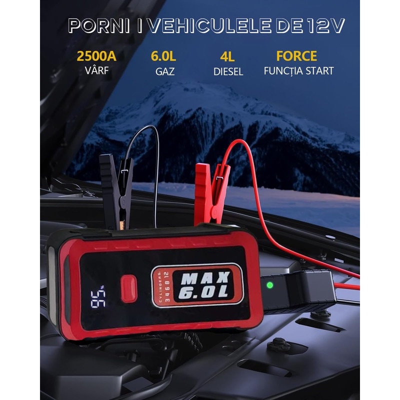 Redresor auto portabil, 26000mAh, 12V, 2500A, cabluri siguranta ...