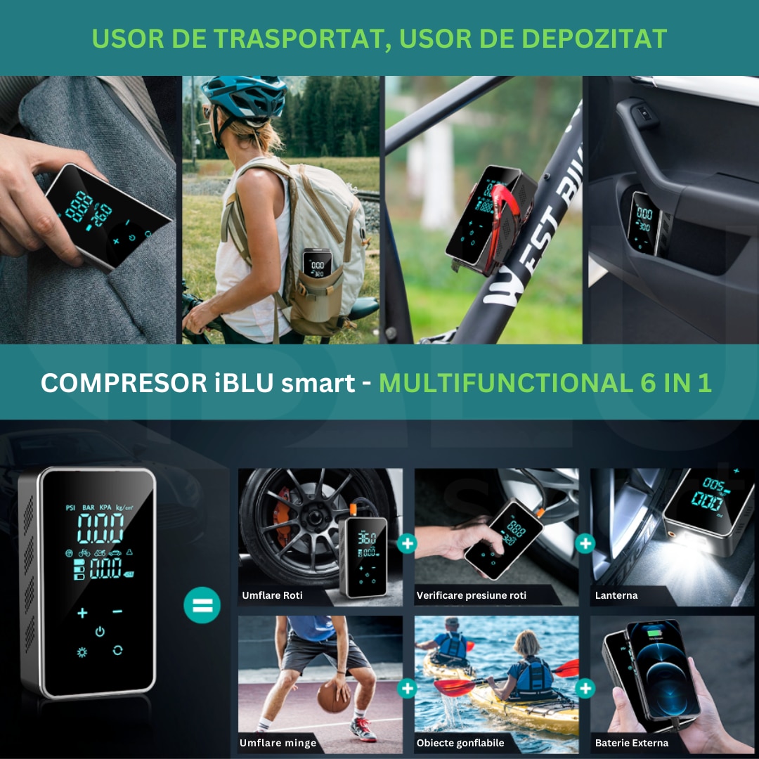 Compresor Auto Digital Portabil 6 in 1 iBLU smart, Multifunctional ...