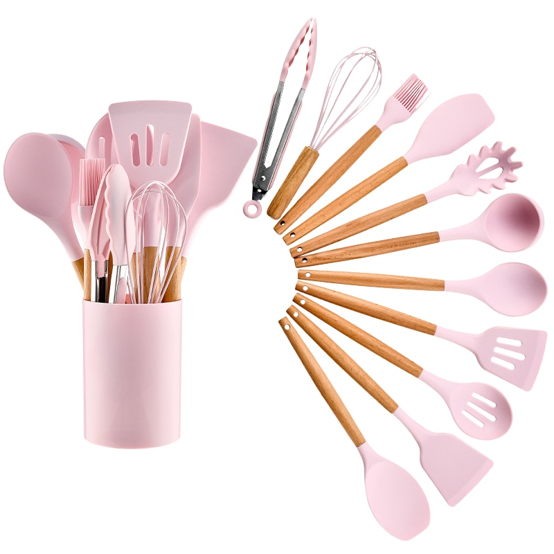 Set Ustensile De Bucatarie 12 piese IdealTI®, Lemn si Silicon Alimentar ...