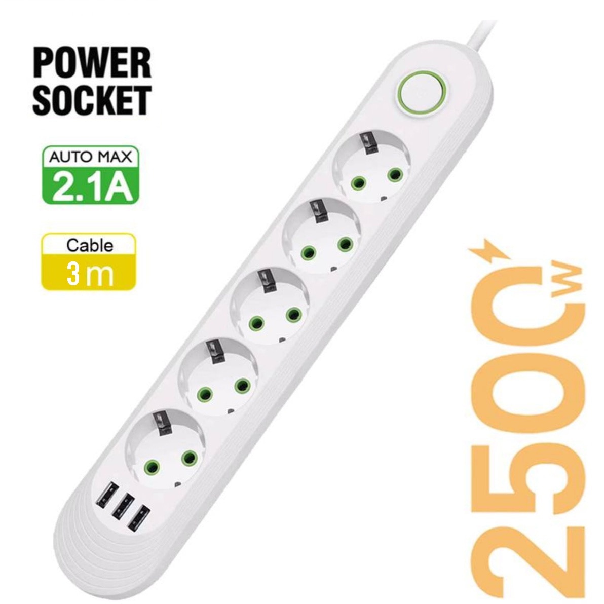 Prelungitor 5 prize, 3 metri, 3 x USB, Priza multipla 220 V cu mufe USB ...
