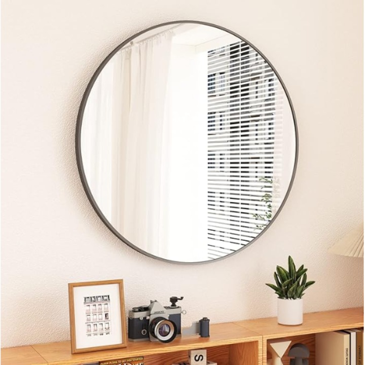 Oglinda circulara de perete, Koonmi, cu rama metalica neagra, 60 cm ...