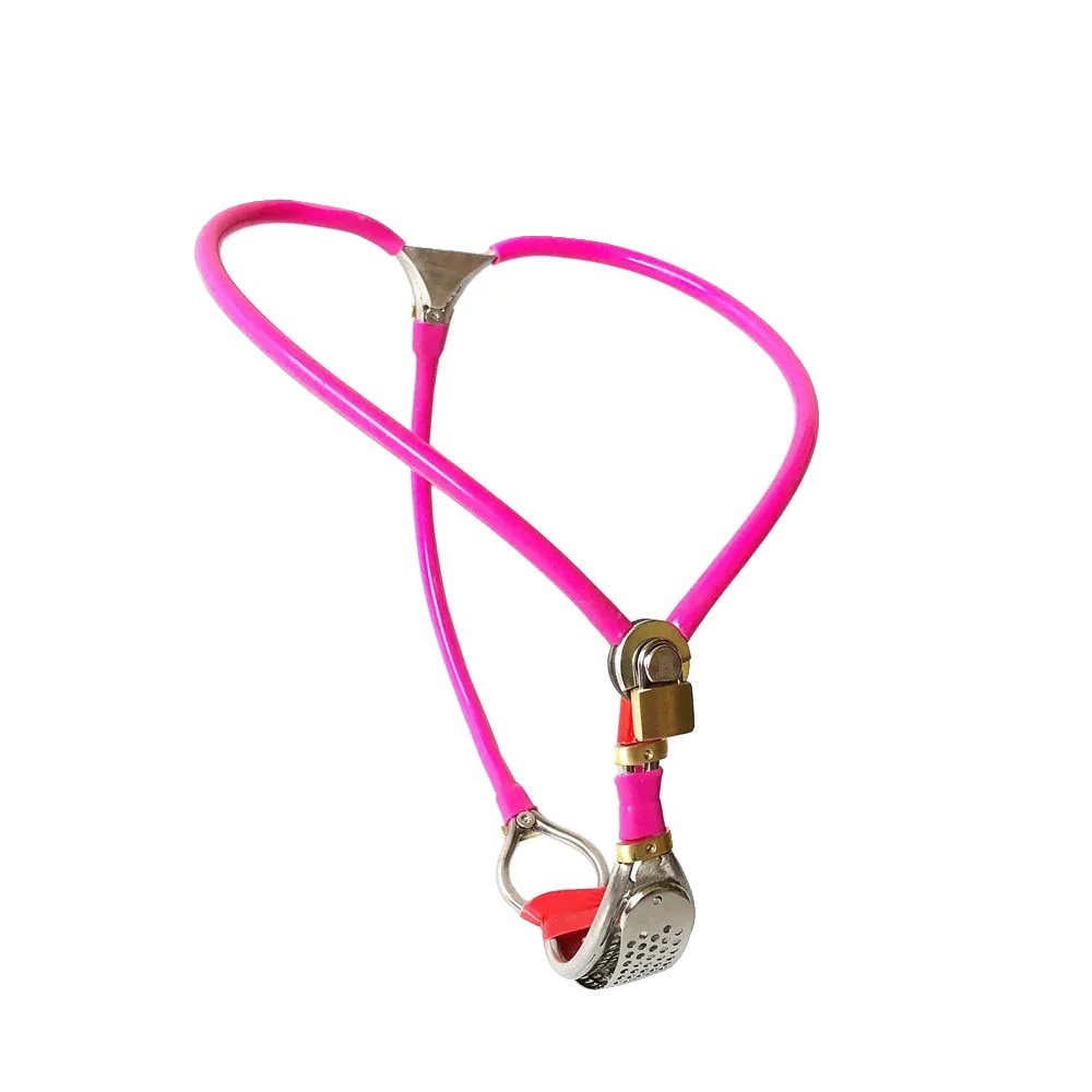 Centura de castitate din otel inoxidabil si piele, ajustabila, roz, 60 ...