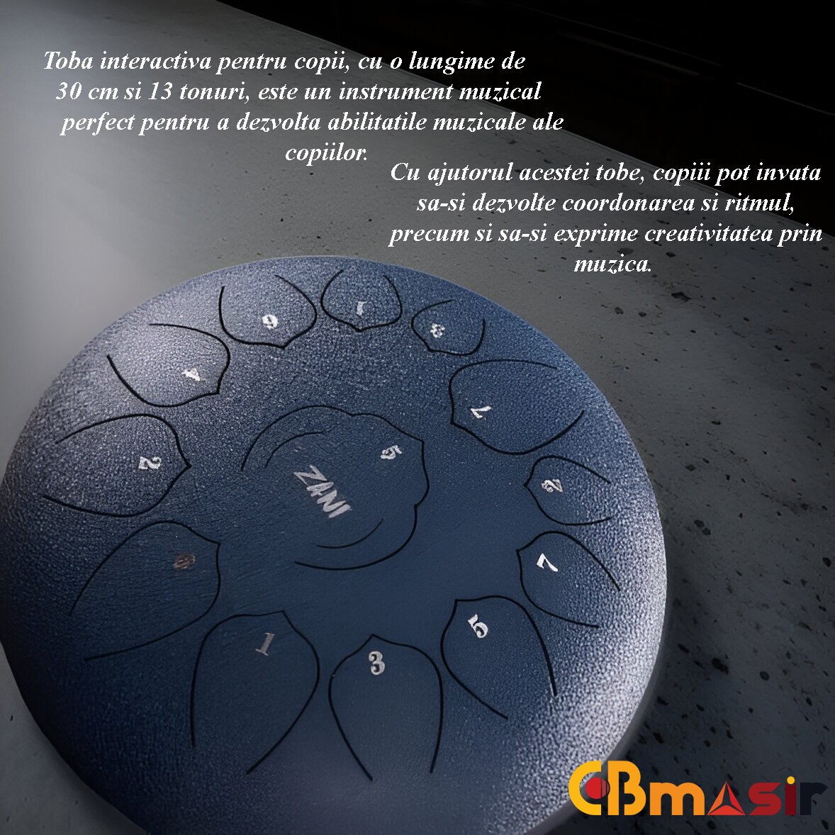 Toba interactiva (Tongue Drum) CBMasir™, 30cm, 13 tonuri, Bleumarin ...