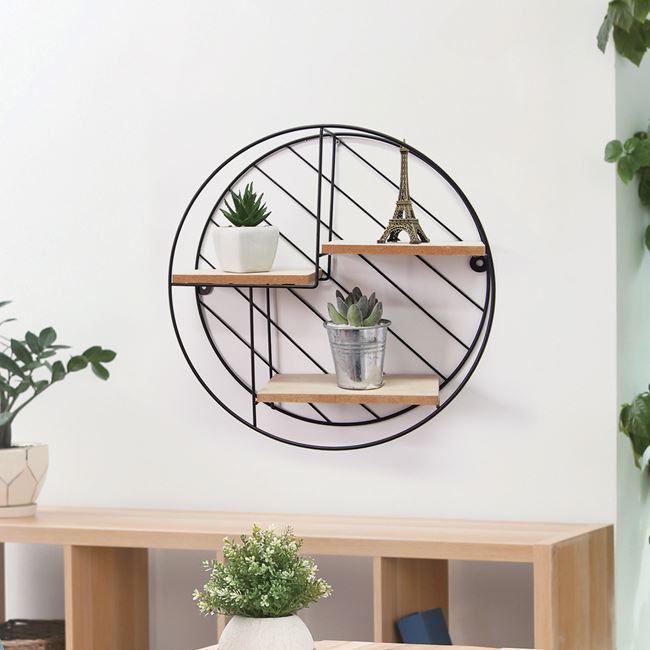 Raft Rotund Metalic, 3 Nivele, din Lemn, Culoare Naturala, 30 x 9 cm ...