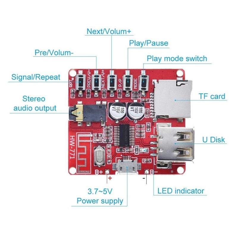 Modul receiver audio cu Bluetooth, player MP3, card microSD, USB, DC 3. ...