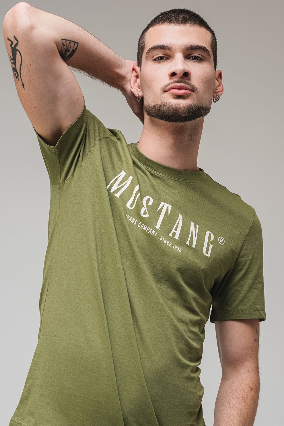 Mustang, Tricou de bumbac cu decolteu la baza gatului Austin, Verde, S ...