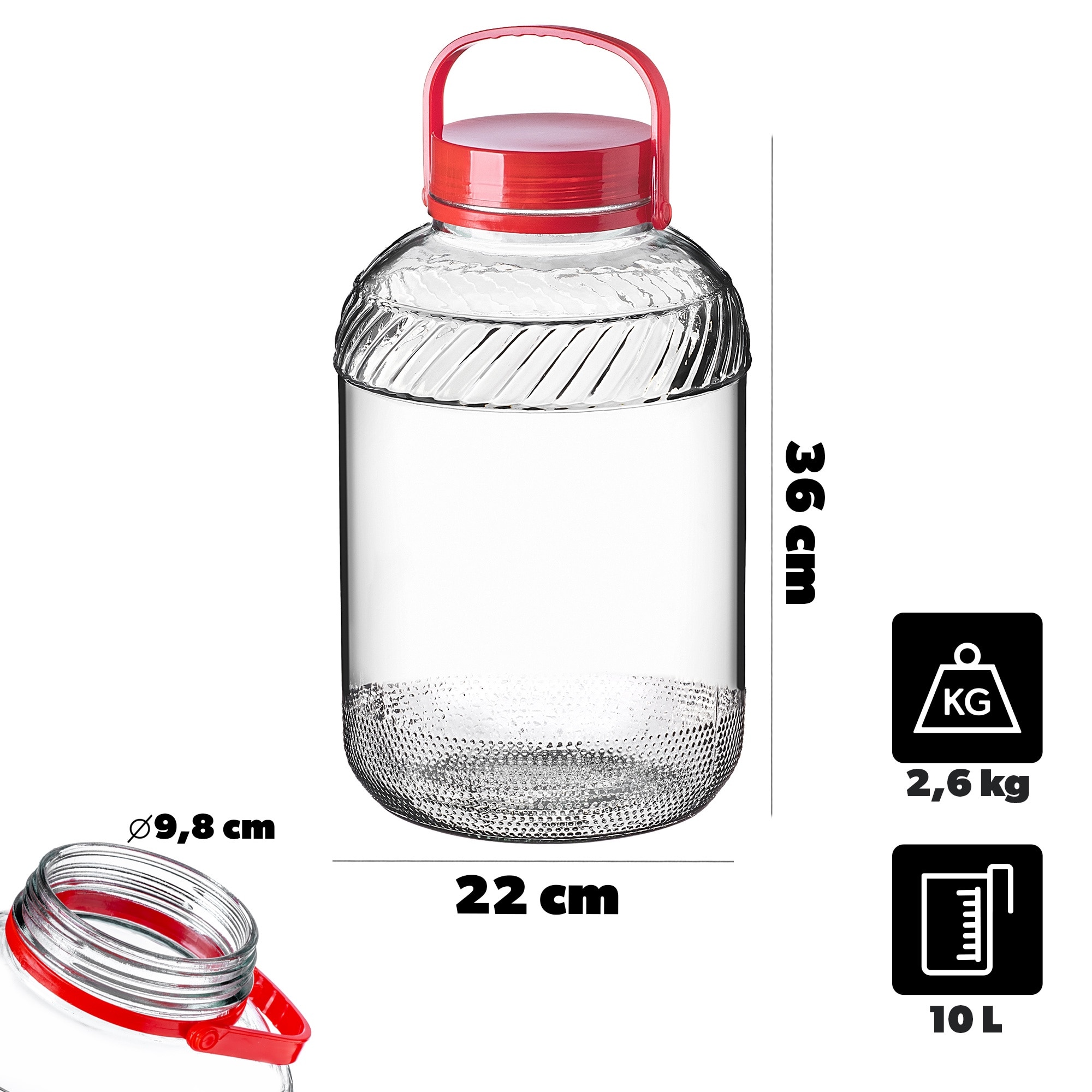 Borcan pentru muraturi KADAX, 10L, transparent cu capac rosu, 36cm ...