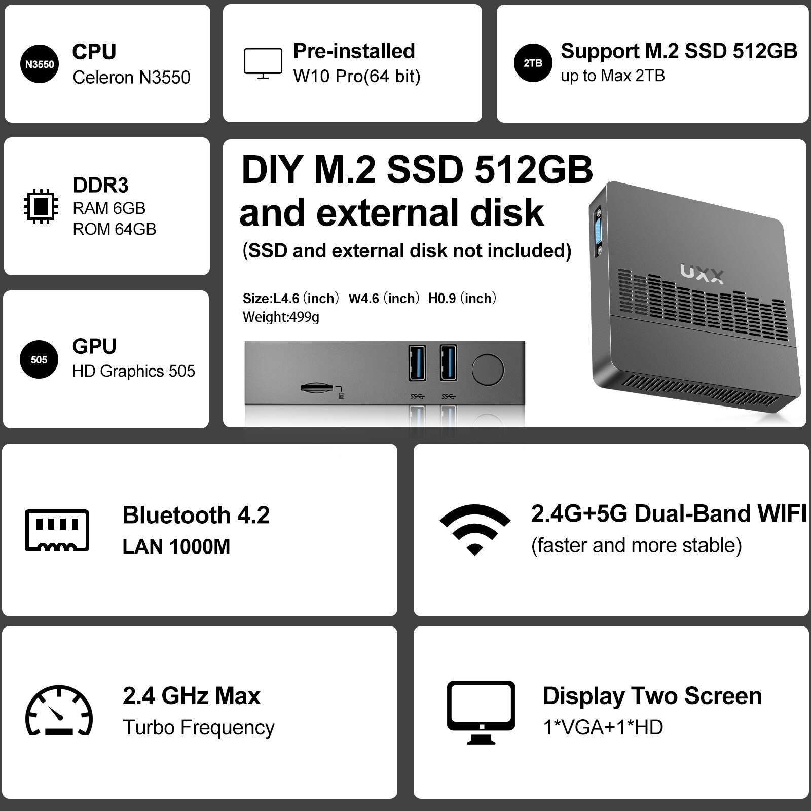 Mini PC Suport M.2 SATA SSD 2TB Expansion, 4K HD si VGA Dual Display ...