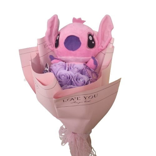Buchet cu trandafiri de sapun parfumati si plus Stitch roz - eMAG.ro