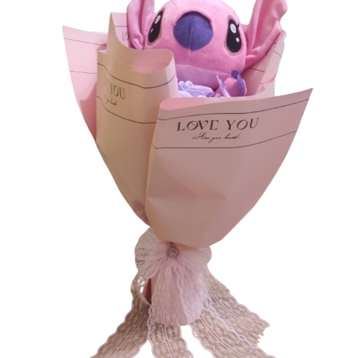 Buchet cu trandafiri de sapun parfumati si plus Stitch roz - eMAG.ro