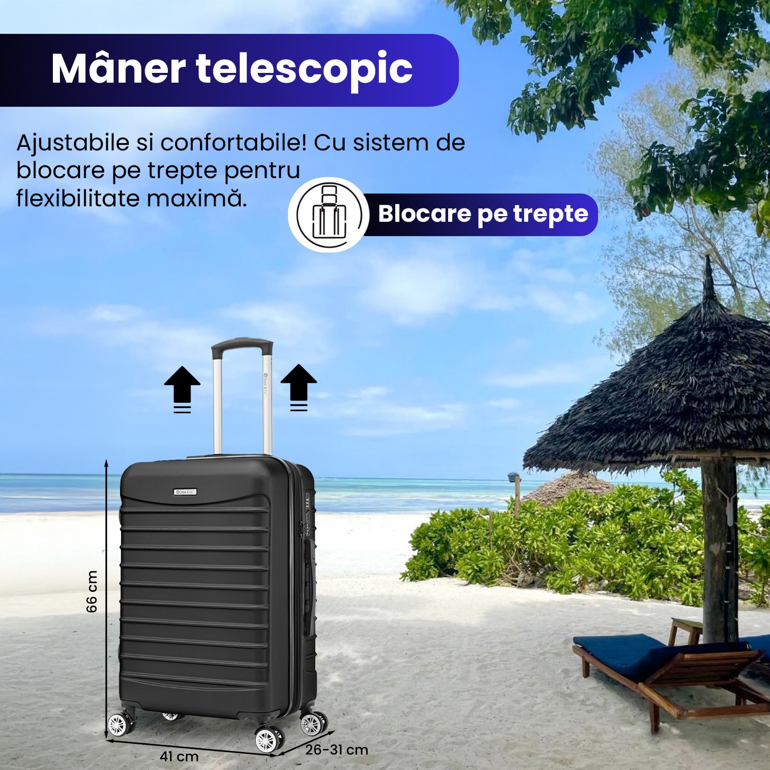 Troler mediu extensibil Quasar & Co.®, 66x41x26-31 cm, bagaj de cala ...