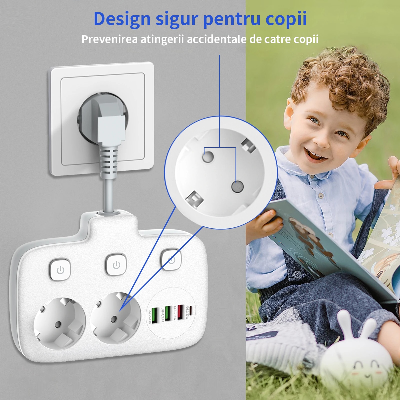 Adaptor priza EU, Redkid®, 2 prize, 3 USB, 1 Type-C, 0.1m, protectie ...
