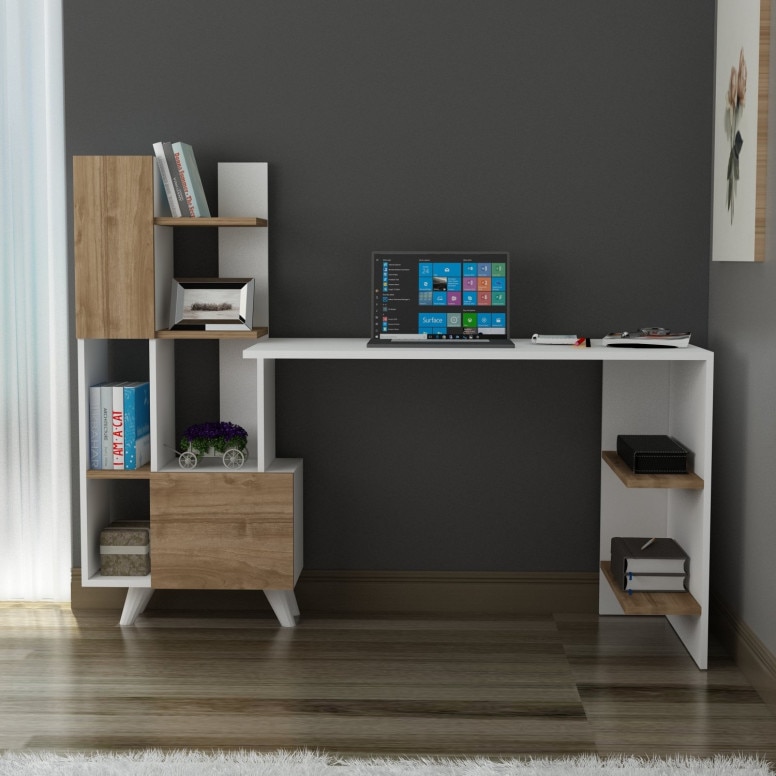 Birou cu Biblioteca, model 46739, 170x120x60 cm, Alb/ Nuc - eMAG.ro