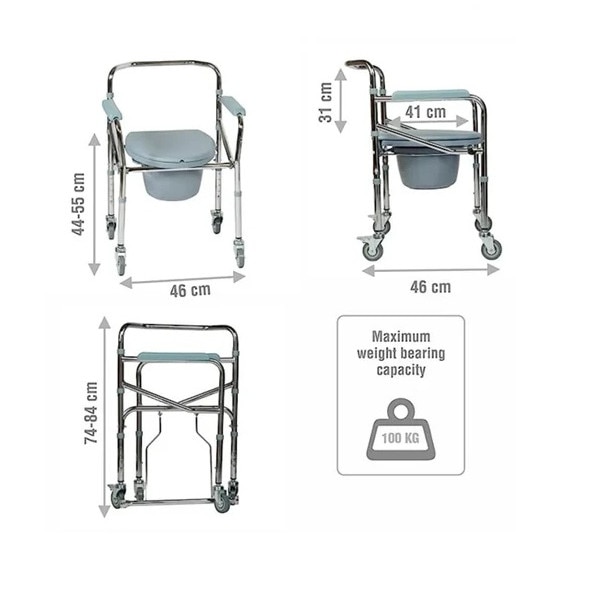 Scaun cu toaleta pentru camera cu roti, pliabil, reglabil pe inaltime ...