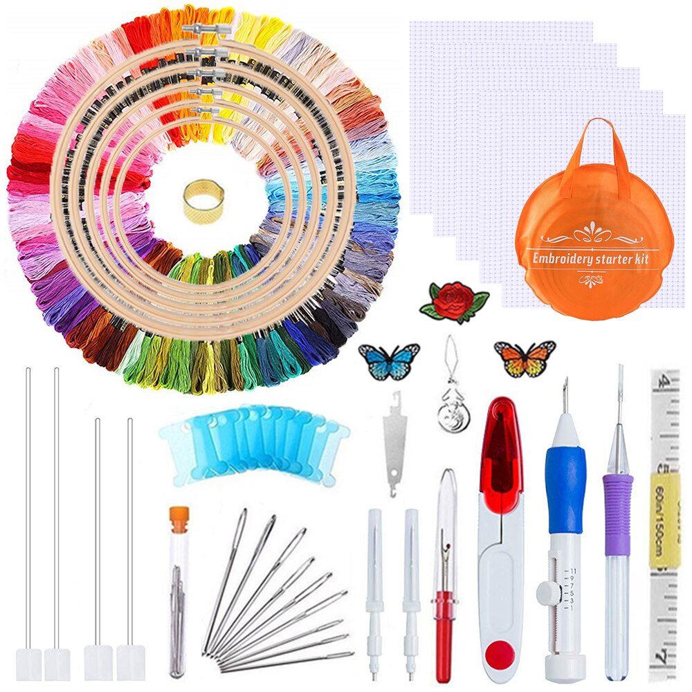 Set de broderie, 100 fire colorate, 5 cercuri bambus, 5 panze etamina ...