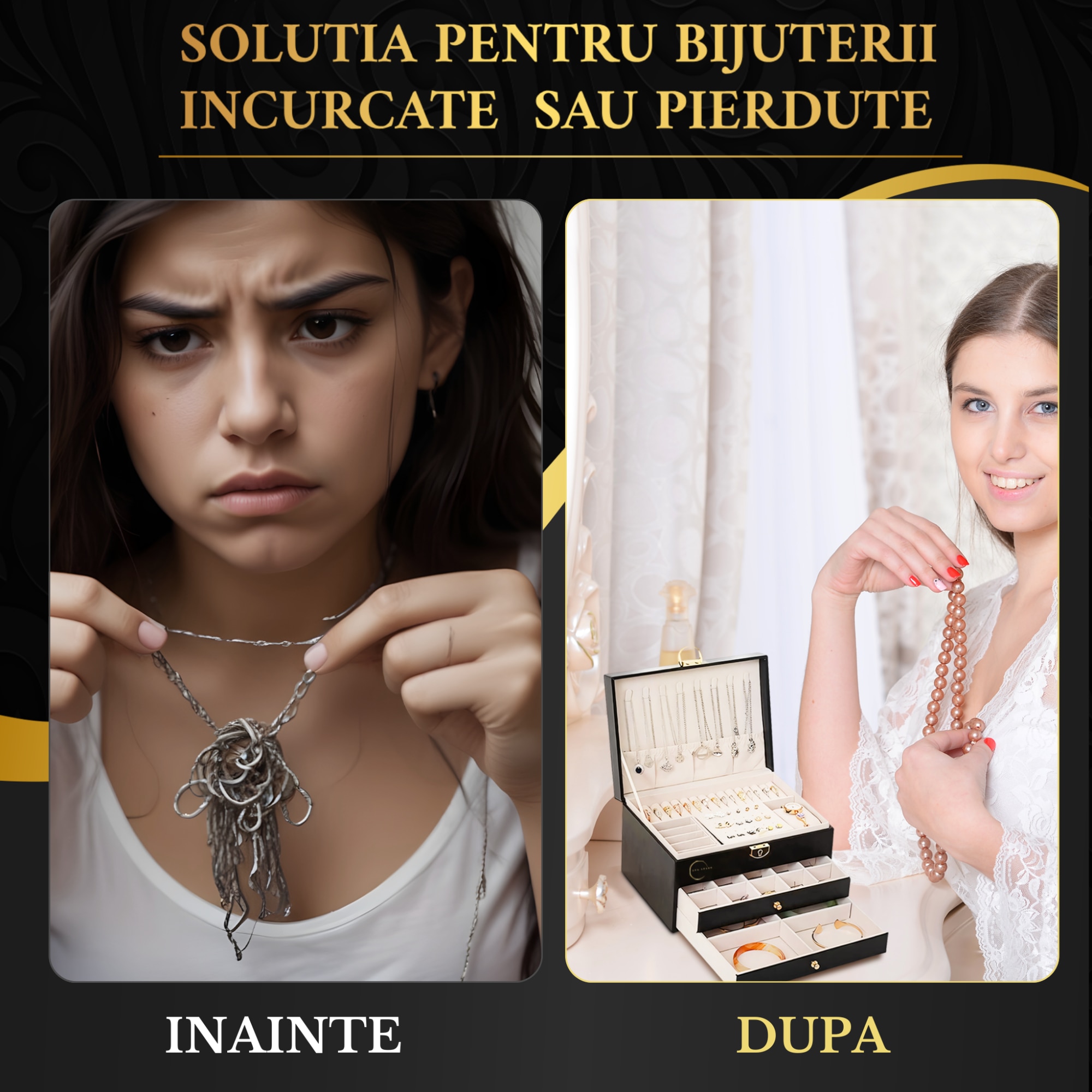 Cutie bijuterii, organizator cu 3 nivele, cu cheita, 2 sertare, spatiu ...