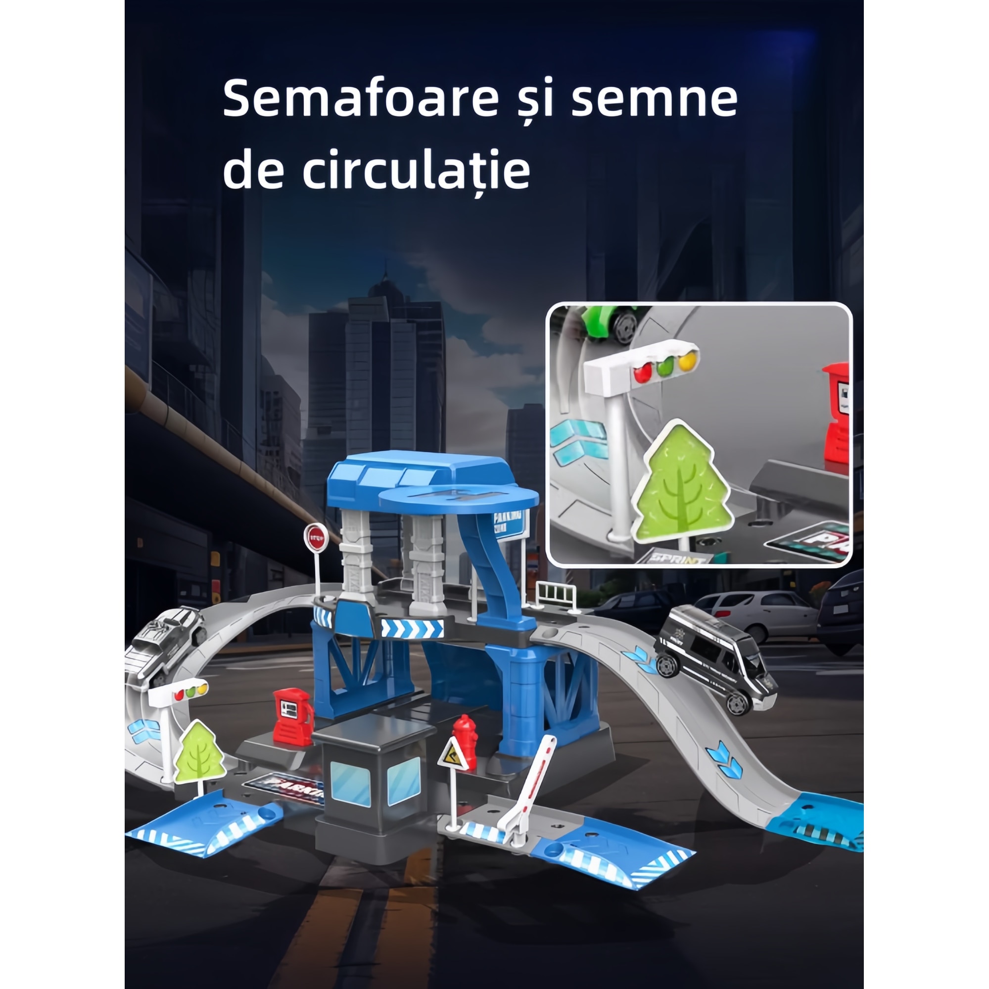 Set camion trailer de jucarie pentru transport, elicopter, 4 masinute ...