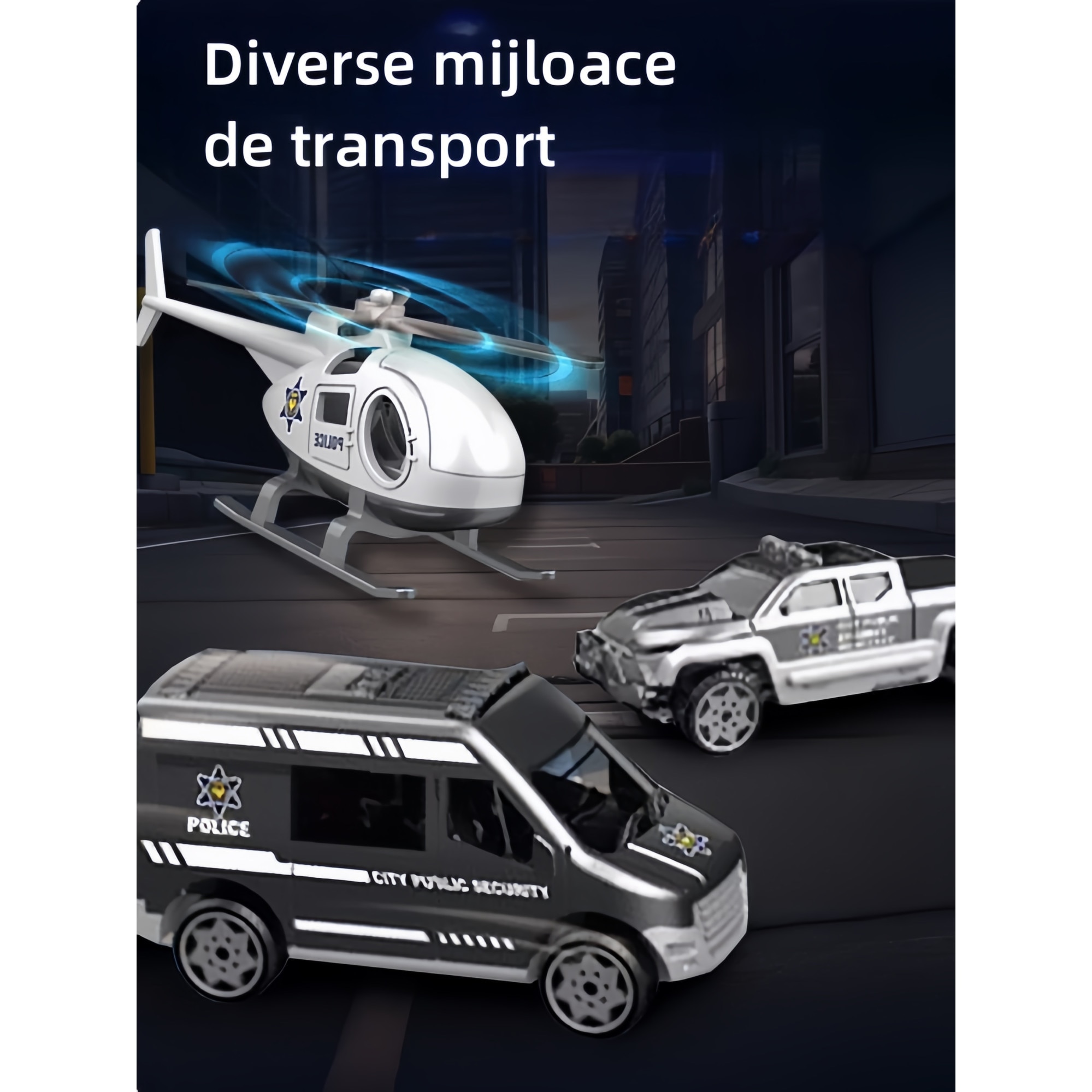 Set camion trailer de jucarie pentru transport, elicopter, 4 masinute ...