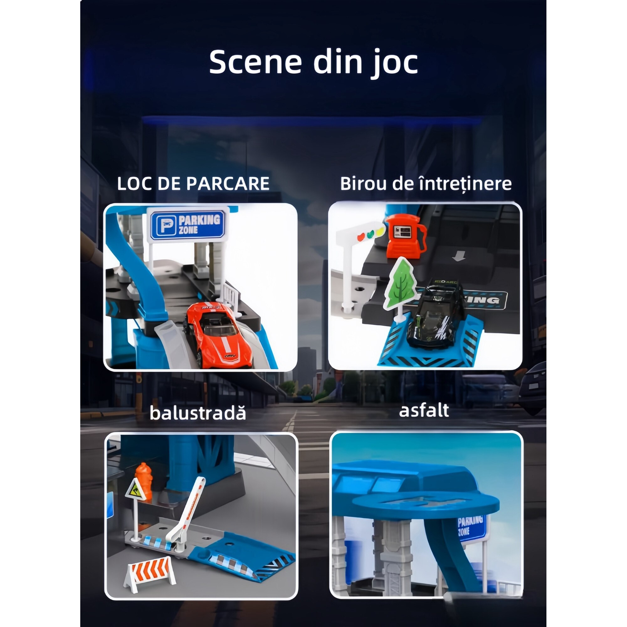 Set camion trailer de jucarie pentru transport, elicopter, 4 masinute ...