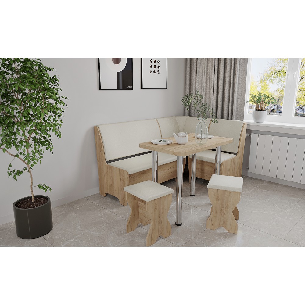 Set coltar bucatarie Tunis, cu masa si 2 tabureti, Stejar Aur Fildes ...