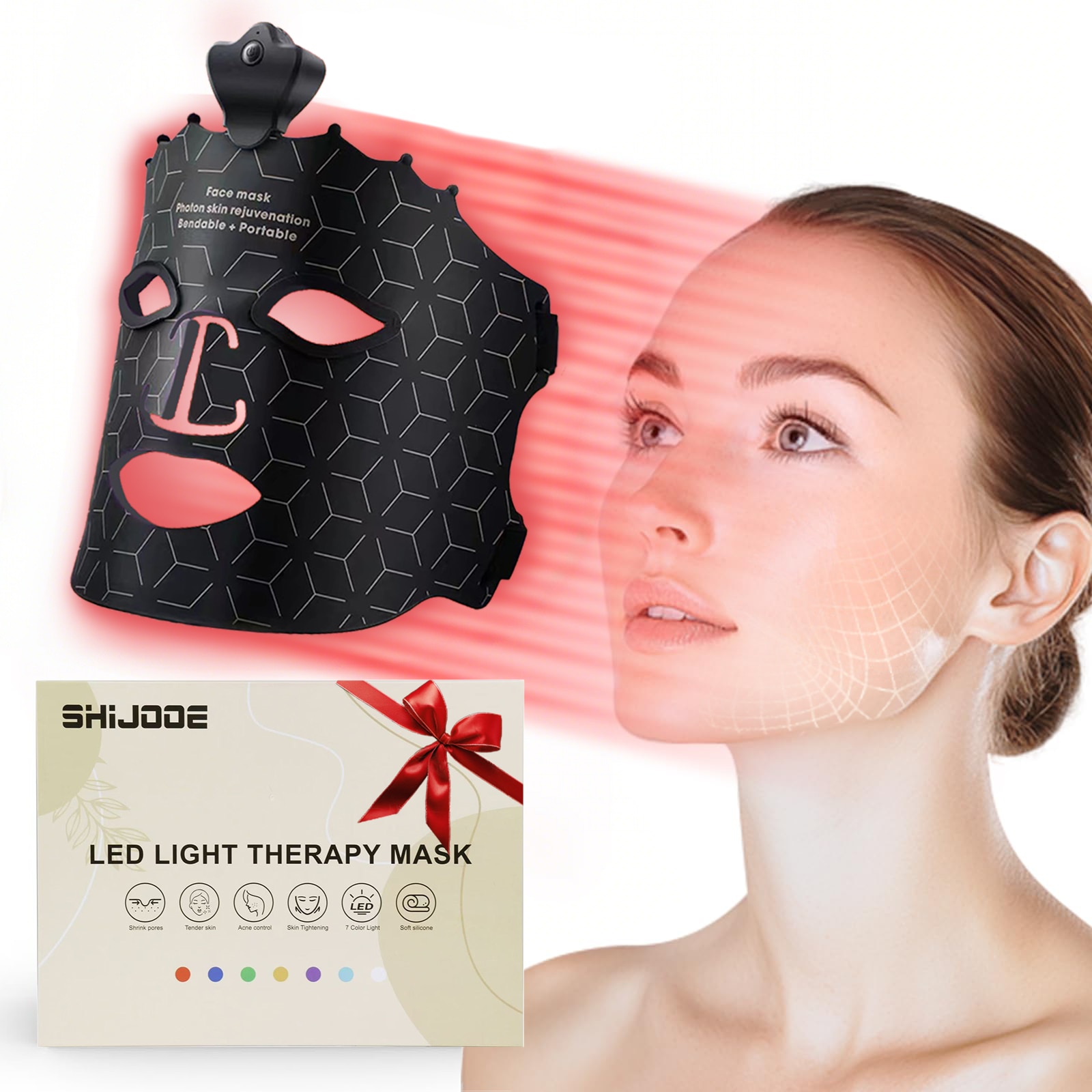 Masca faciala fototerapie，SHIJOOE®，sursa de lumina 7 culori, 80 LED-uri ...
