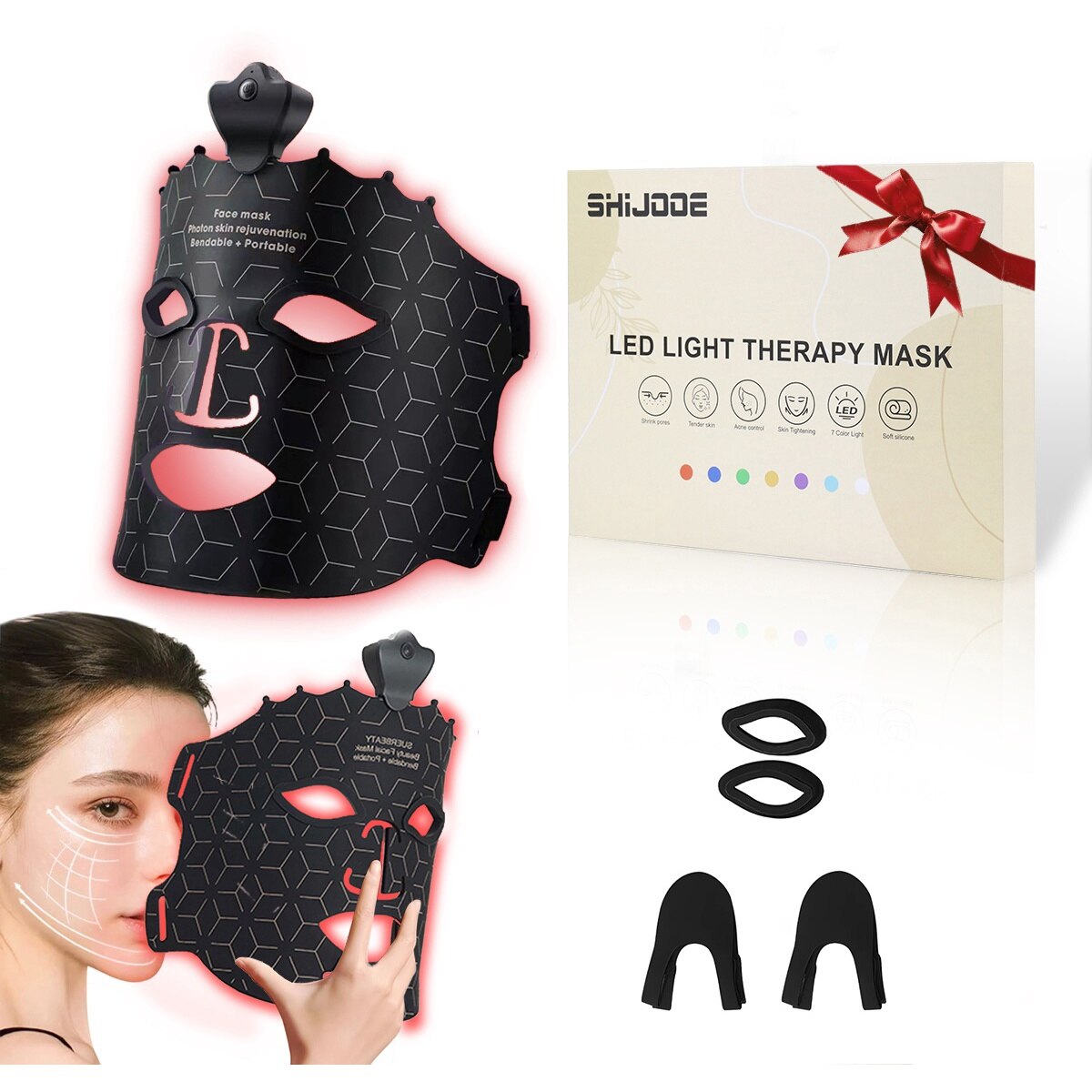 Masca faciala fototerapie，SHIJOOE®，sursa de lumina 7 culori, 80 LED-uri ...